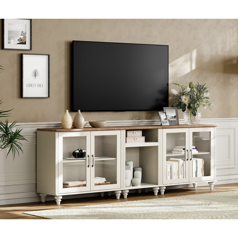 Alcott Hill TV Stand For Tvs Up To Home Entertainment Center With 4 Glass Doors For 85 90 95 Inch TV Large TV Console For Living Room Bedroom White Wayfair